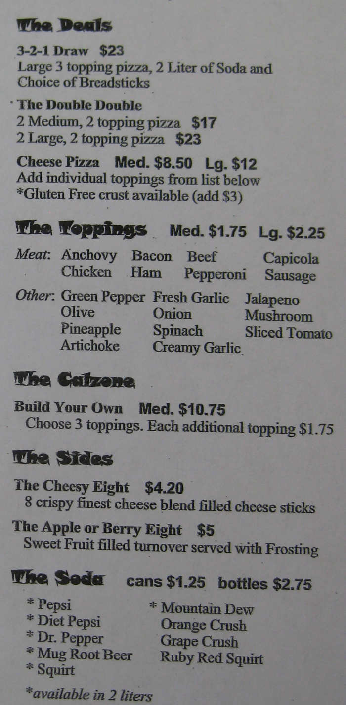 Dirks' Pizza Menu, Ellensburg, WA